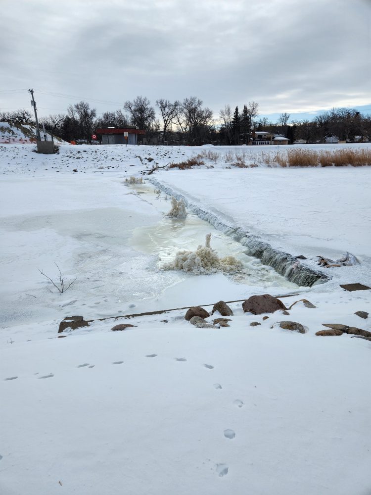 Frozen water spouts from the dam on the mouse river in minot n.d ...